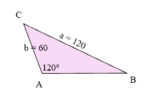 For the triangle described, solve for B. A = 120 degrees, b = 60 ft, a ...