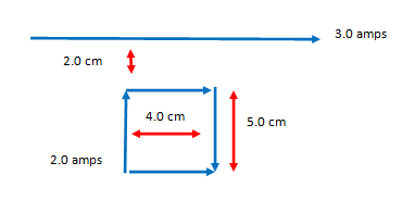 A three amp very long wire is placed next to a loop of conductor with 2 ...