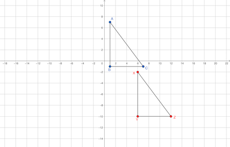 Translate the triangle A(1,7) B(1,-1) C(7,-1) 5 spaces to the right (x ...