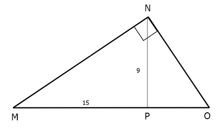 In a triangle MNO with altitude NP, MP=15 and NP=9. MNO creates a right ...