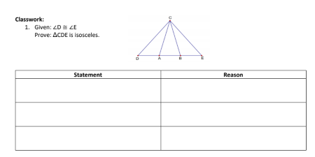 Given &D ≅ &E, prove &triangle;CDE is isosceles. Give a reason for each ...