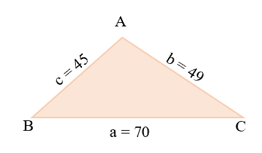 Given an oblique triangle with a = 70, b = 49, and c = 85, find angle C ...