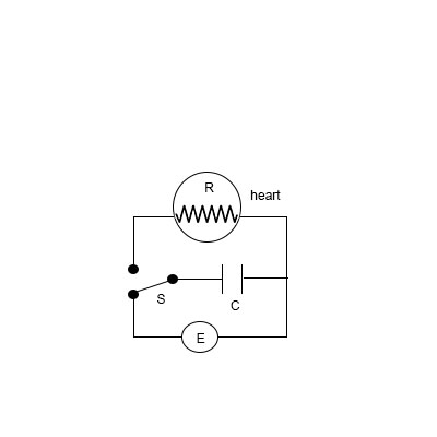 A heart pacemaker consists (see figure below) of a switch S, a battery ...