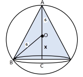 If a cone of height (6+x) units is inscribed in a sphere of radius 6 ...
