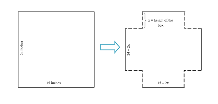 An open-top rectangular box is to be constructed from a 15" x 24" piece ...