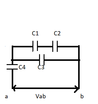in Fig. below, supposed C1=C2=C3=C4=C=16 \muF Determine the equivalent ...