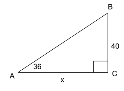 Find the length x given A = 36 degrees, C = 90 degrees, and a = 40 ...