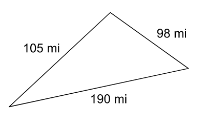 Find the angle (in degrees) between the 105 and 190 mile sides ...