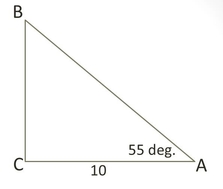 In a right triangle ABC, \angle C = 90^\circ, \angle A =55^\circ, and ...